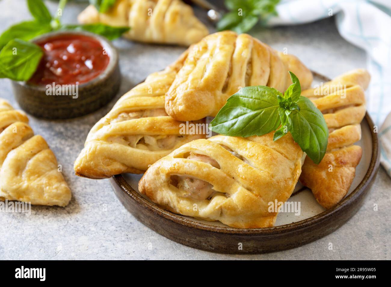 Country style. Tasty food. Mini meat pies with chicken from puff pastry ...