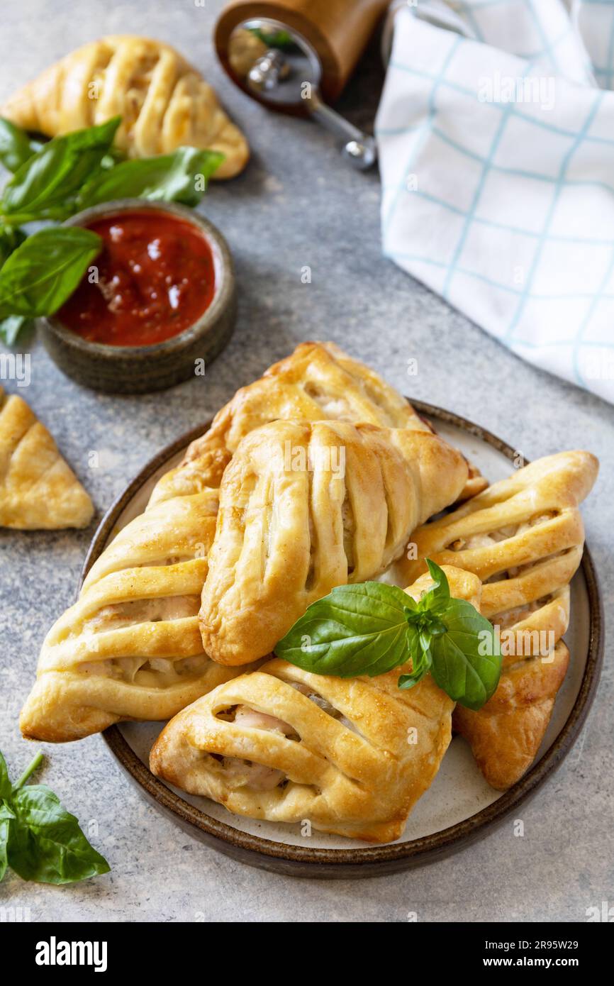 Country style. Tasty food. Mini meat pies with chicken from puff pastry ...