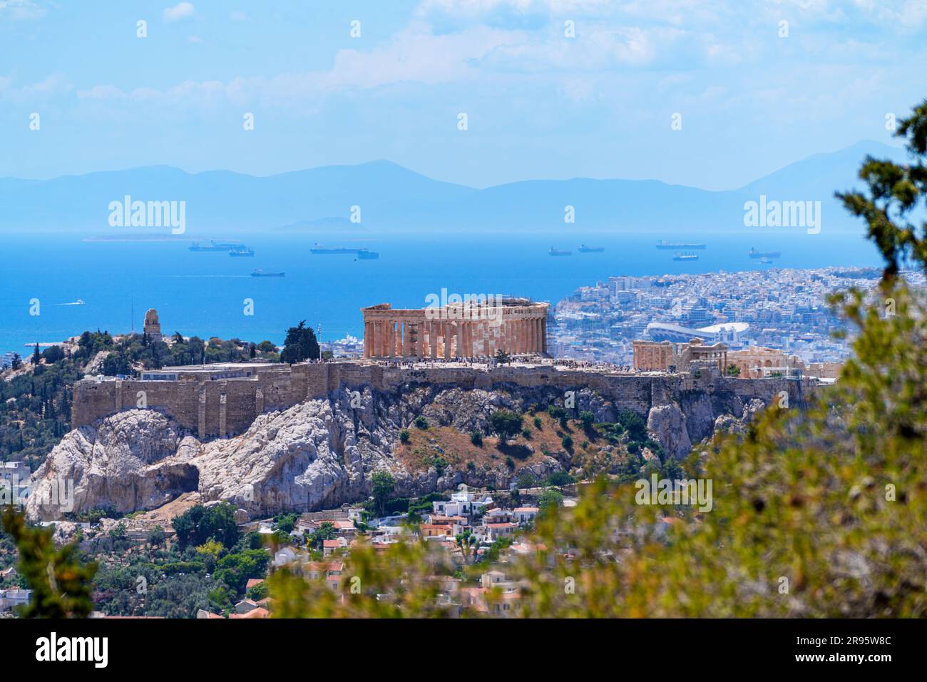 Greece Acropolis city of Athens parthenon, symbol of ancient, aerial view slide from drone on ...