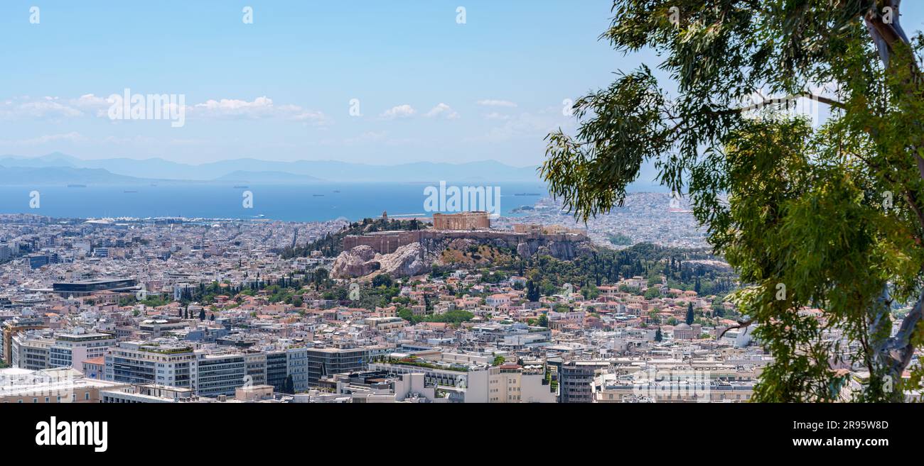 Greece Acropolis city of Athens parthenon, symbol of ancient, aerial view slide from drone on ...