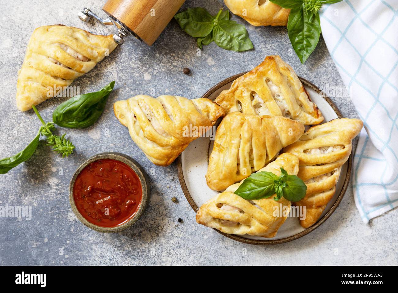 Country style. Tasty food. Mini meat pies with chicken from puff pastry ...