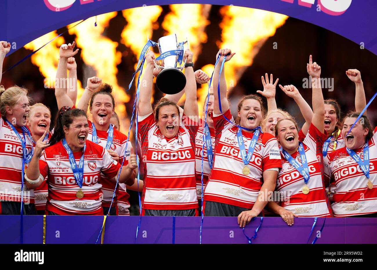 Gloucester-Hartpury players celebrate with the trophy ollowing the ...