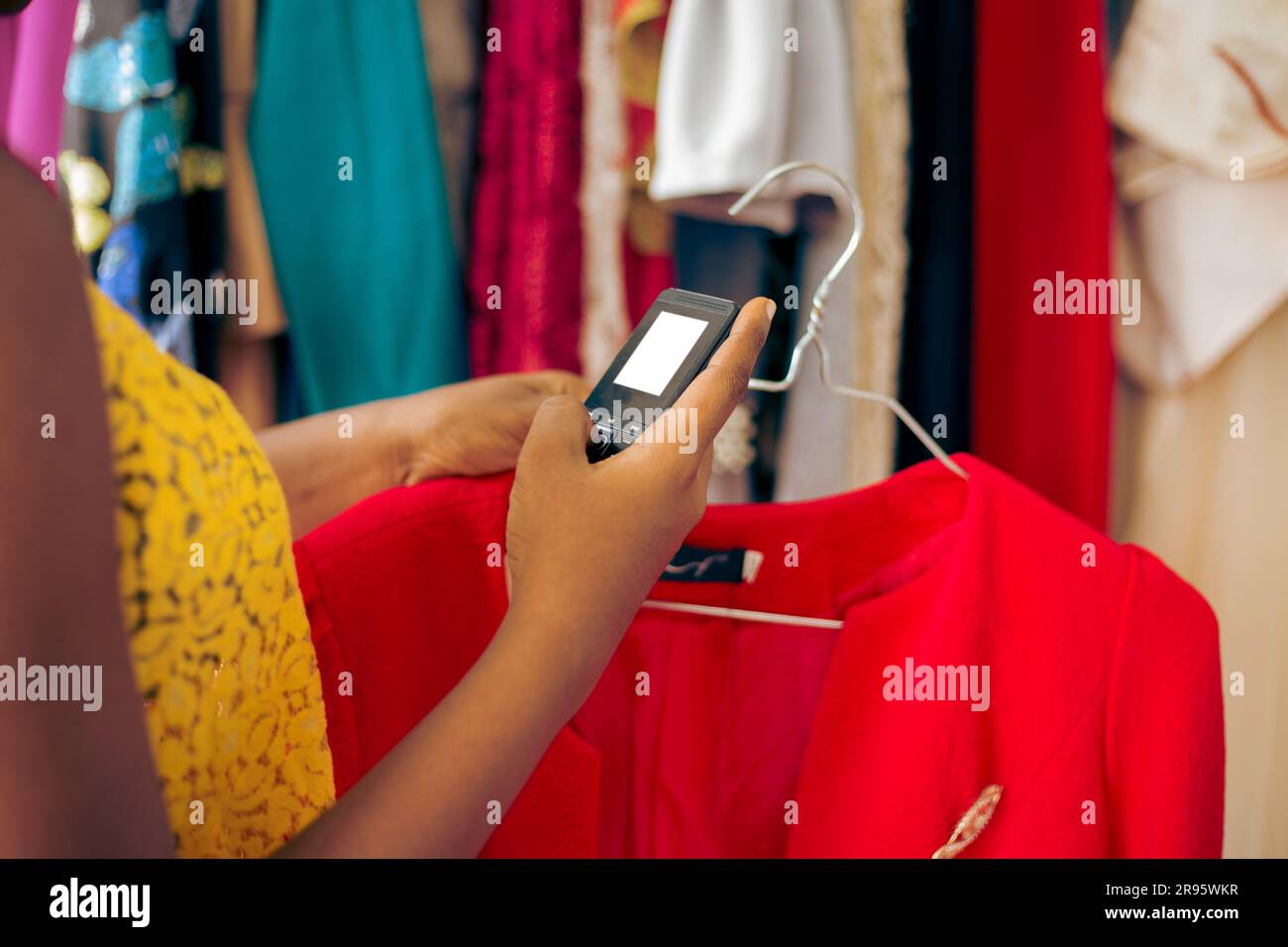 Payment with Mobile Phone at Clothing Store, White Empty Cellphone ...