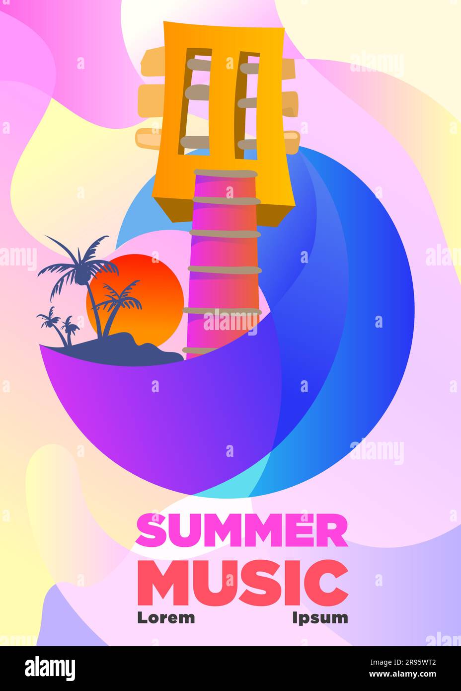 summer music festival poster. guitar and tropical island. bright ...
