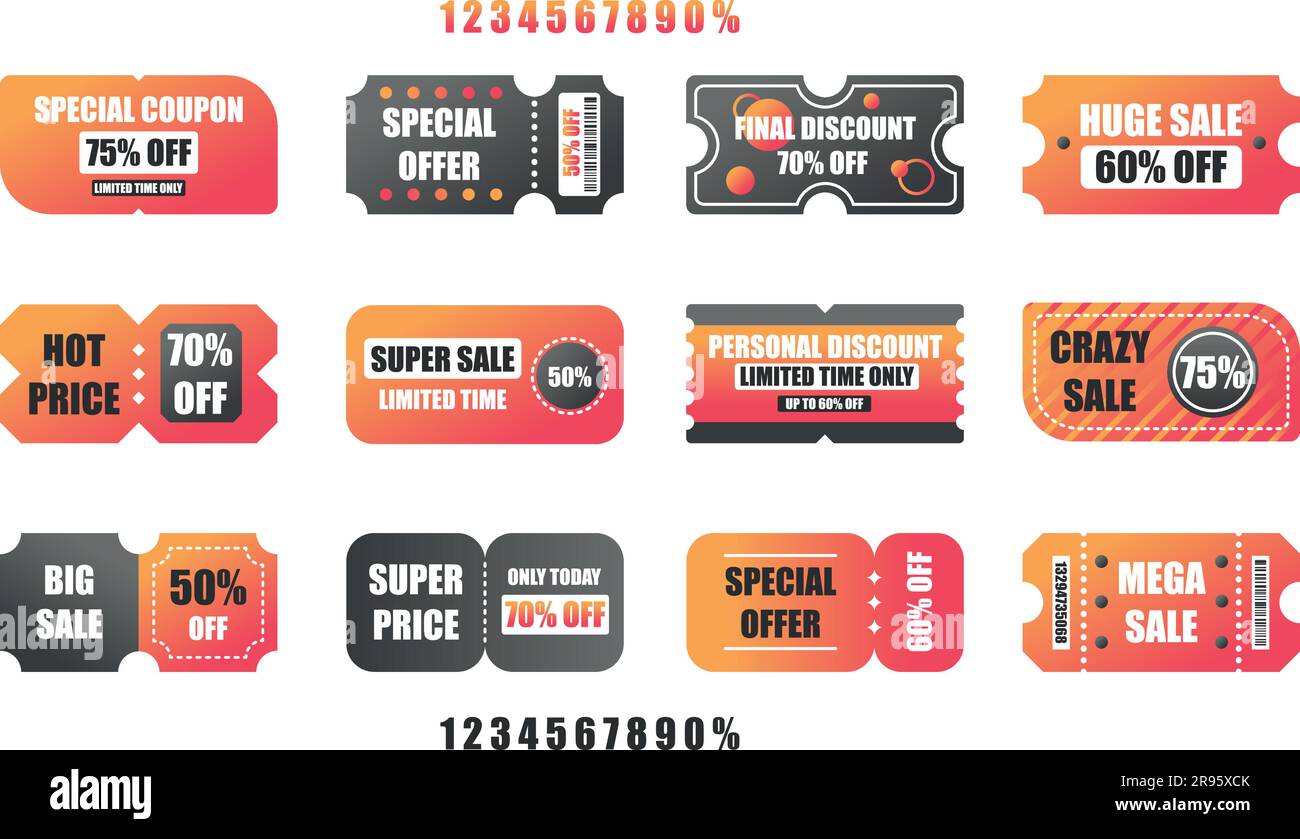 Set of discount coupons with editable numbers in red and grey colors ...