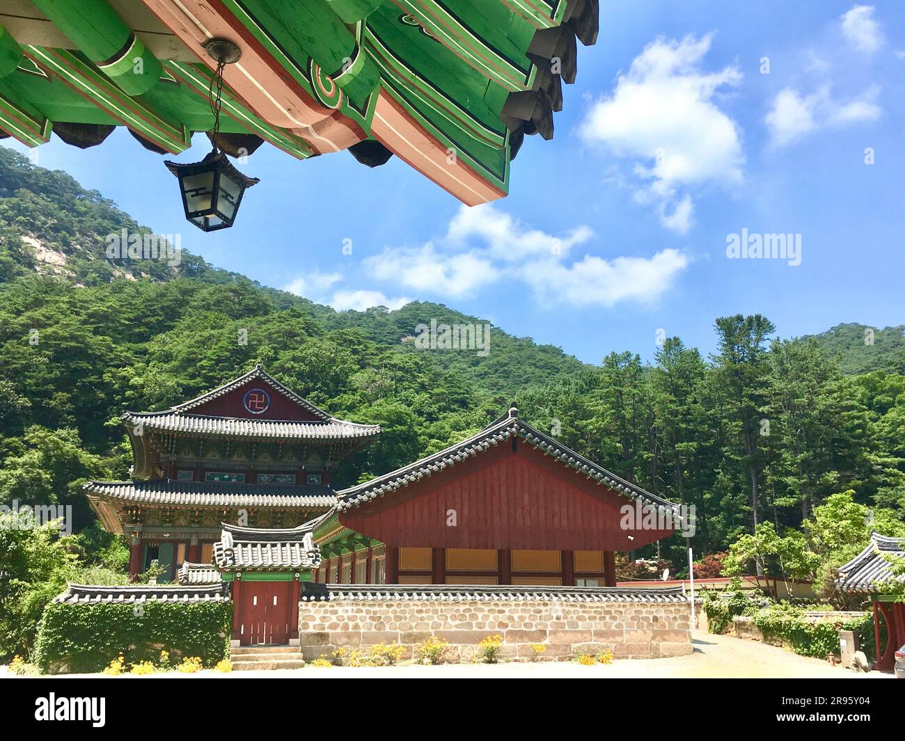 The scenic courtyard with majestic mountains in the background ...