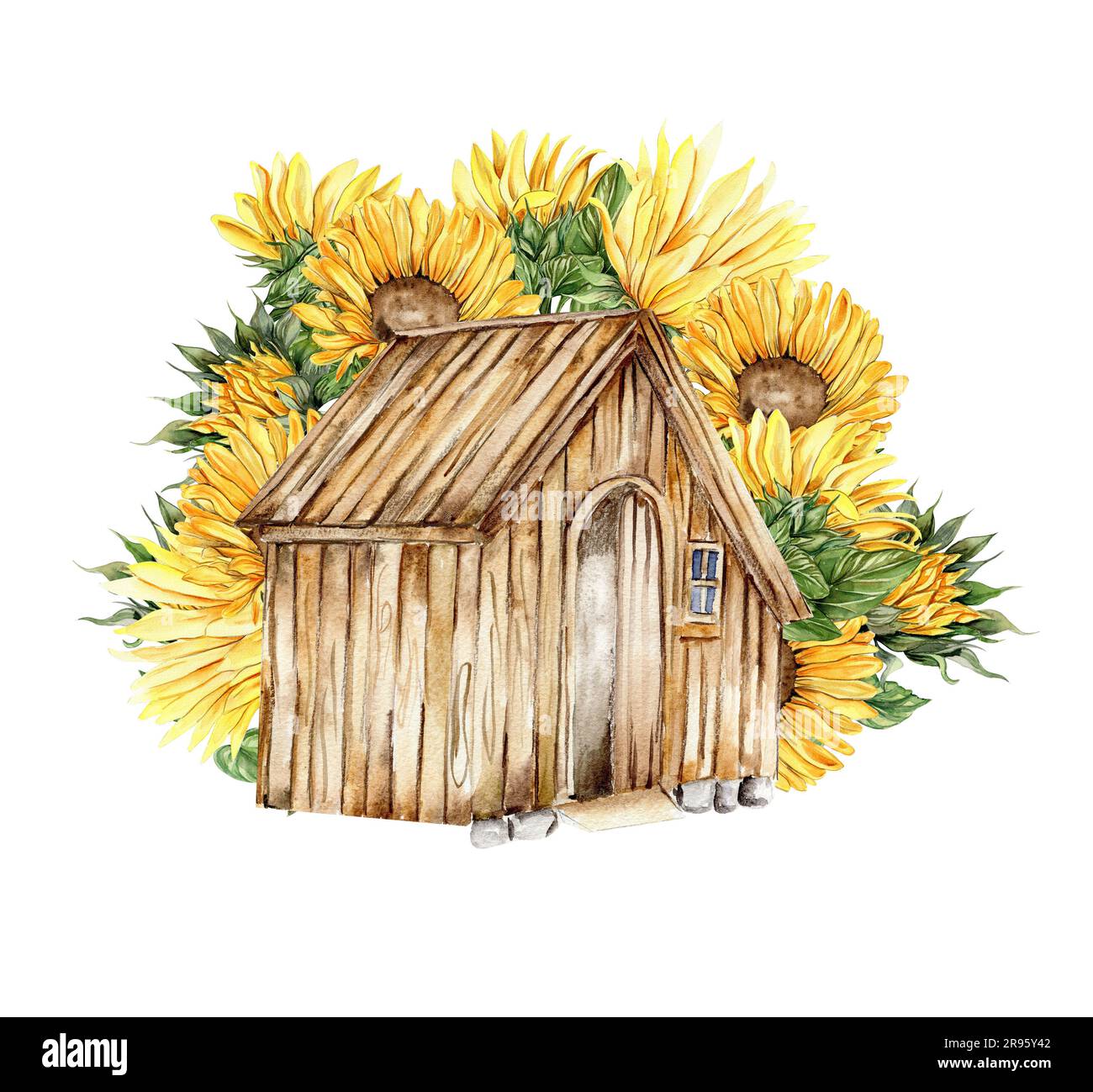 Watercolor wooden farmhouse and sunflowers composition. Hand drawn ...
