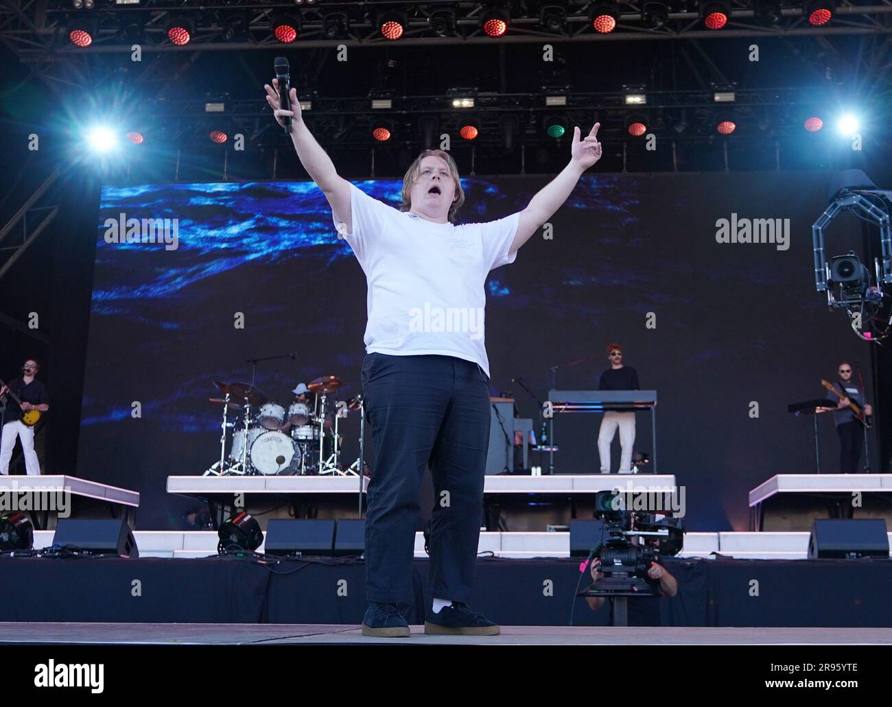 Lewis Capaldi performing on the Pyramid Stage, at the Glastonbury ...