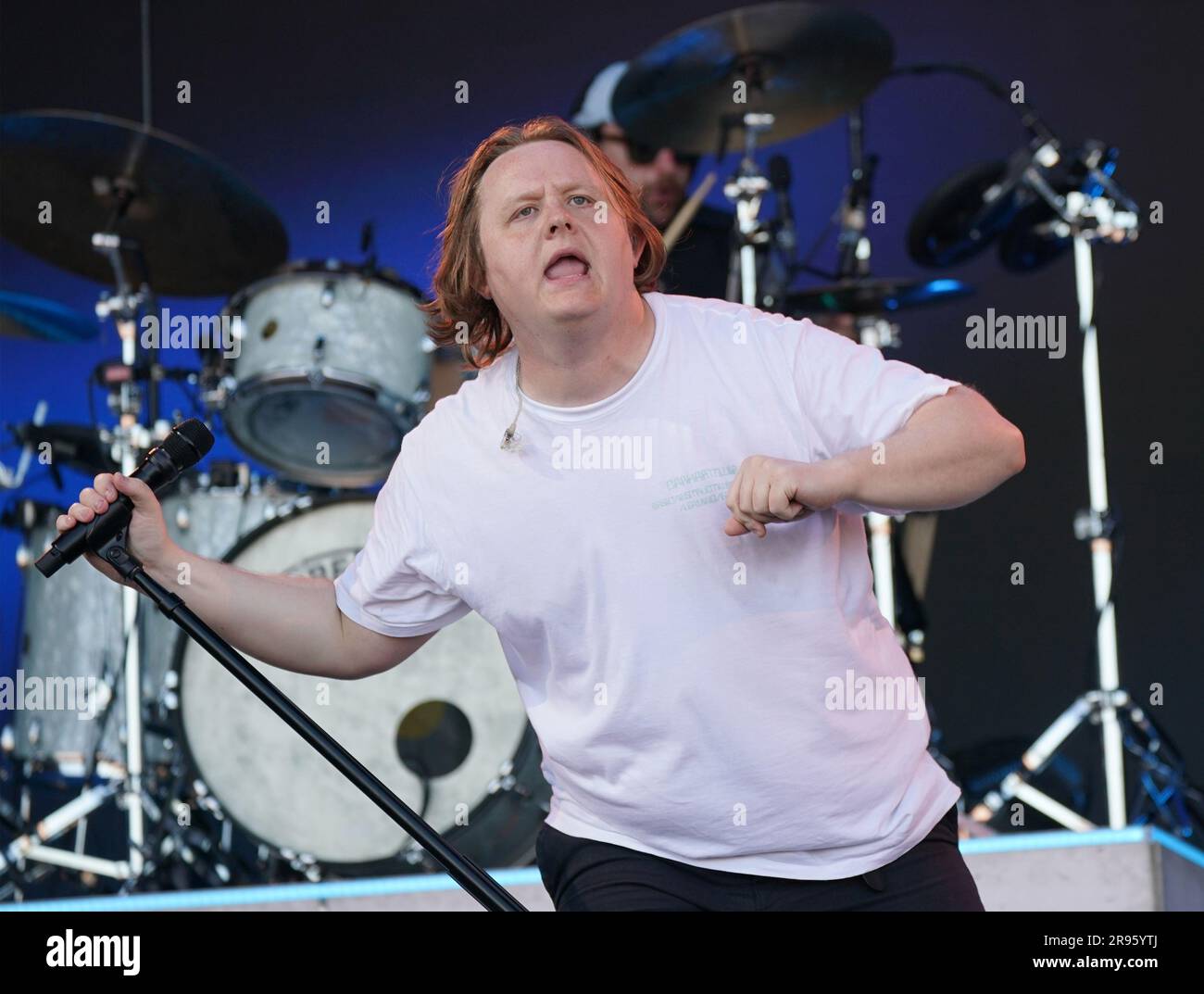 Lewis Capaldi performing on the Pyramid Stage, at the Glastonbury ...