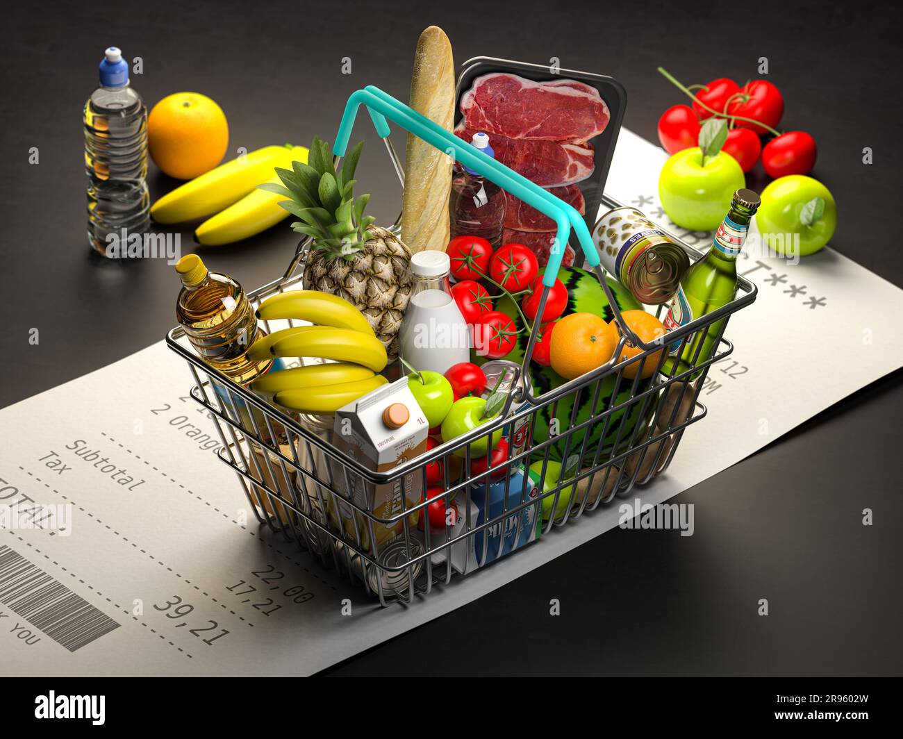 Shopping basket with foods on receipt. Grocery expenses budget ...