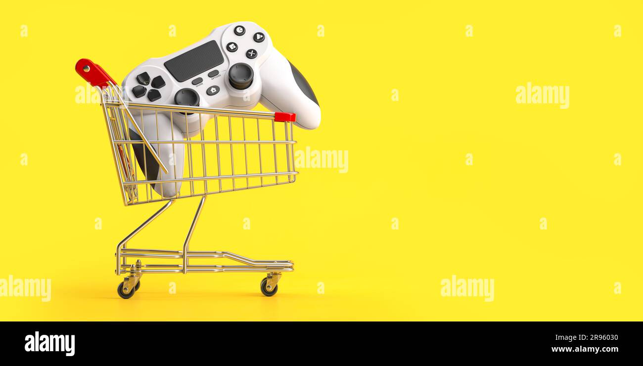 Joystick game conroller in a shopping cart on yellow background. Buying ...