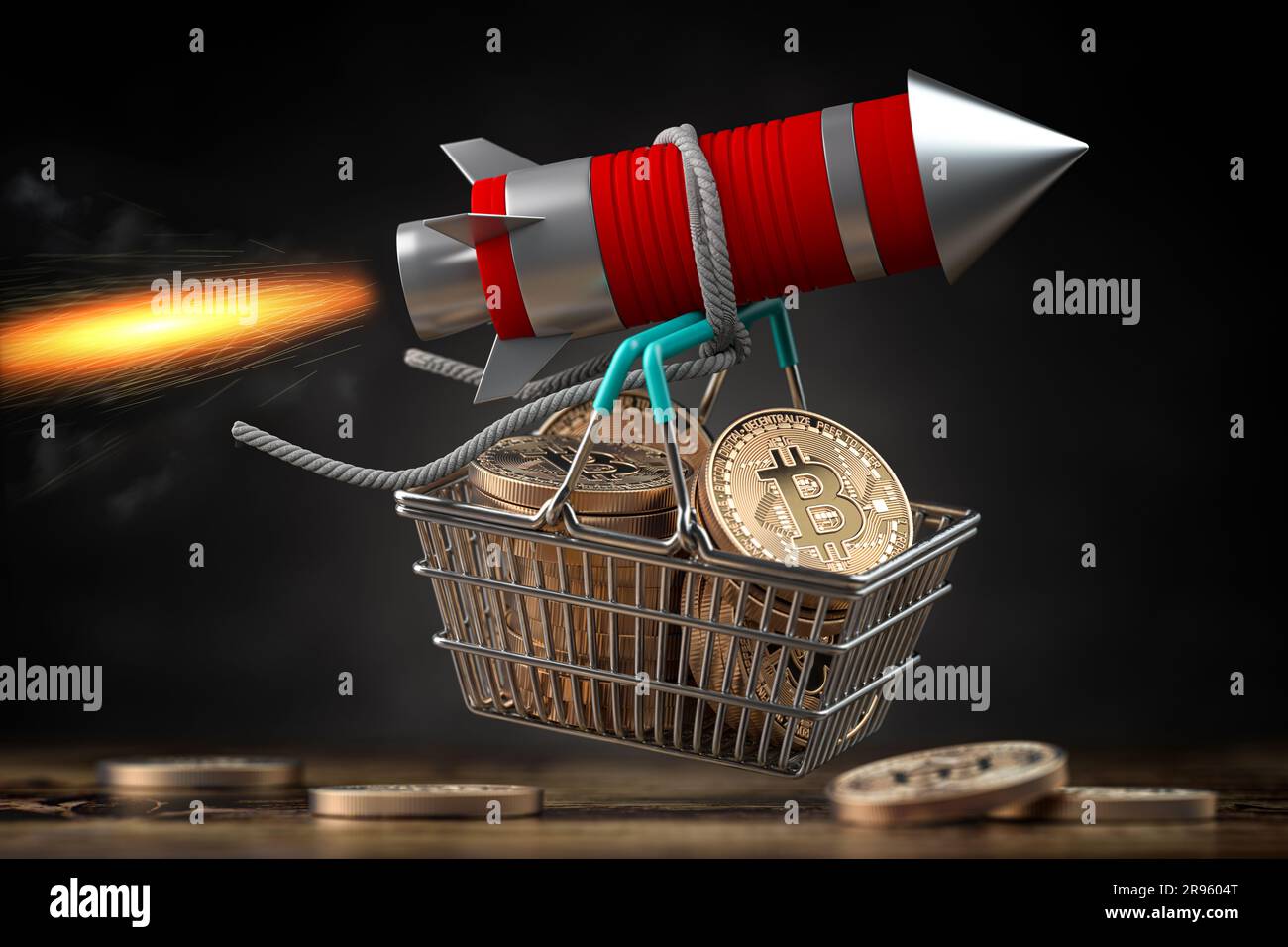 Growth of bitcoin BTC price concept. Rocket with shopping basket full ...