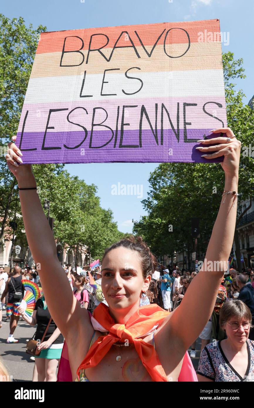 Paris, France. 24th June, 2023. A protester with a sign marches for the ...