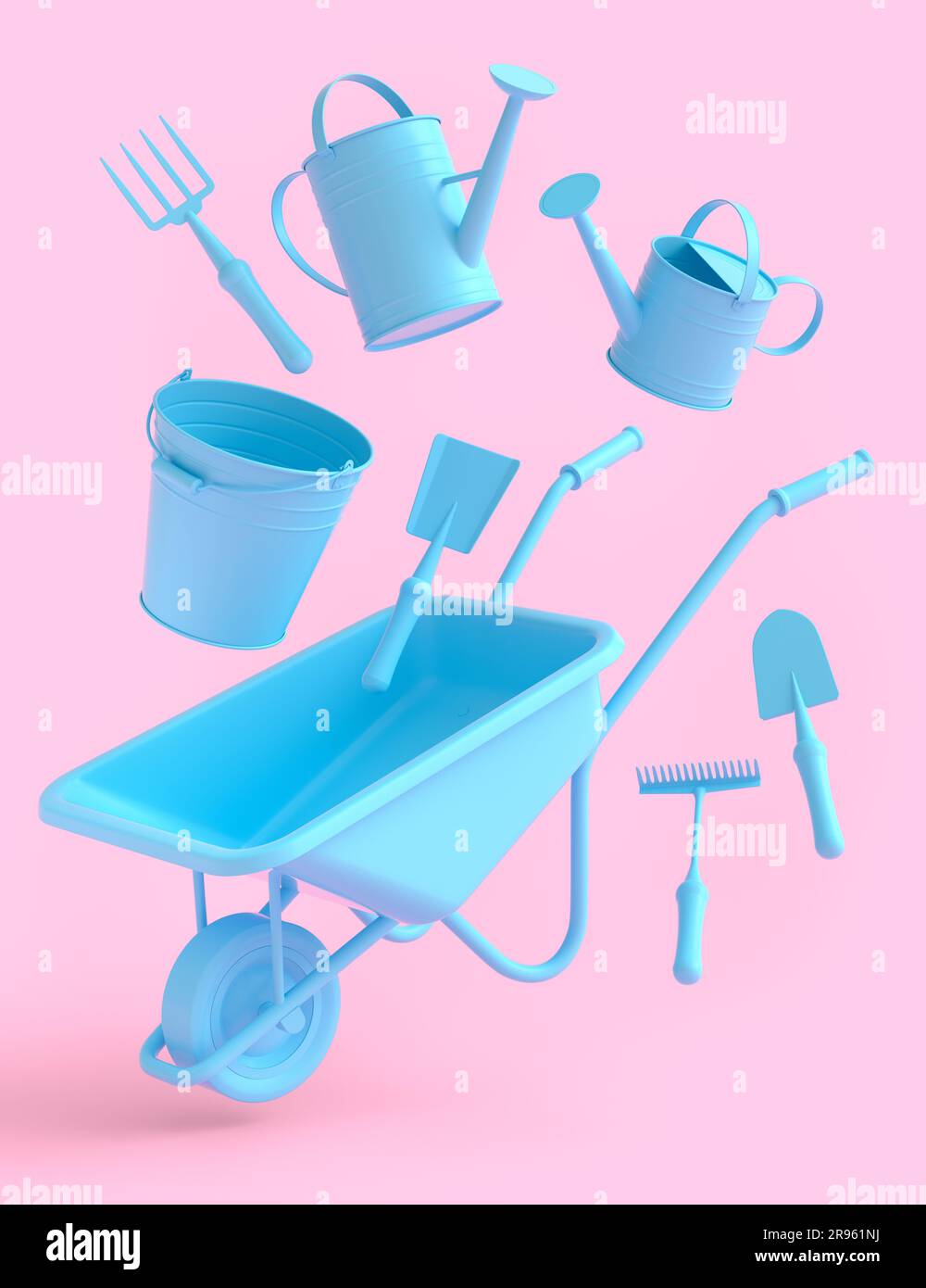 Garden wheelbarrow with garden tools like shovel, rake and fork on ...