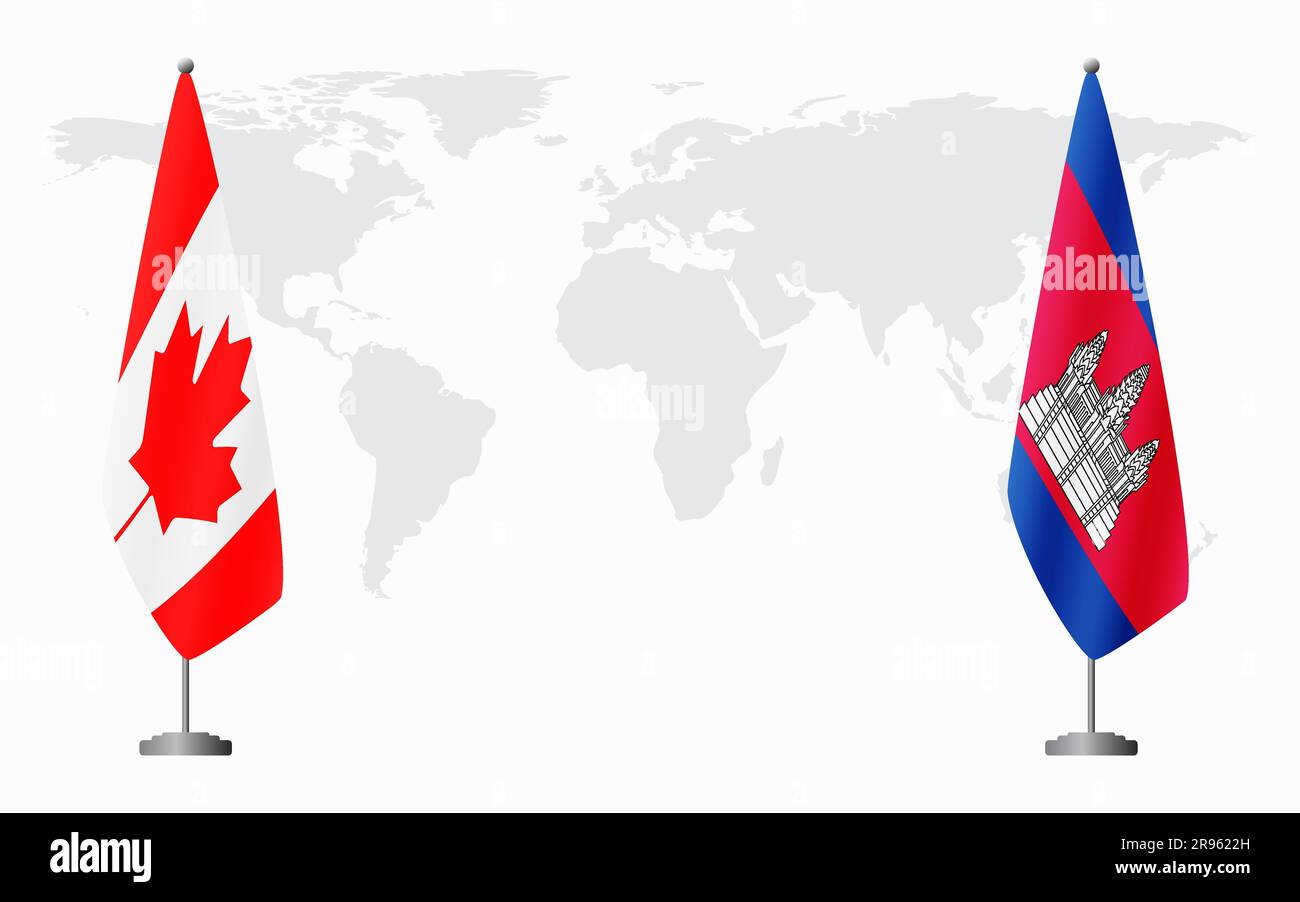 Canada and Cambodia flags for official meeting against background of ...