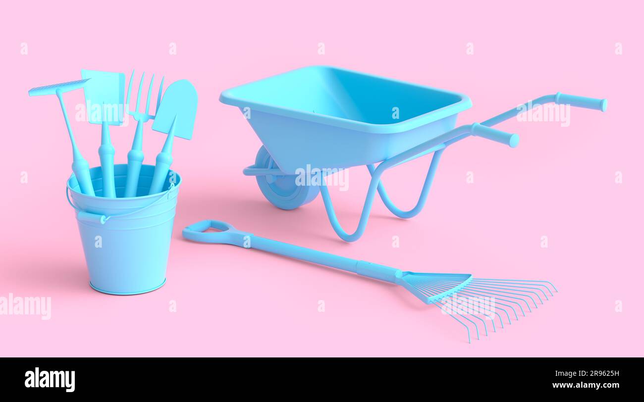 Garden wheelbarrow with garden tools like shovel, rake and fork on ...