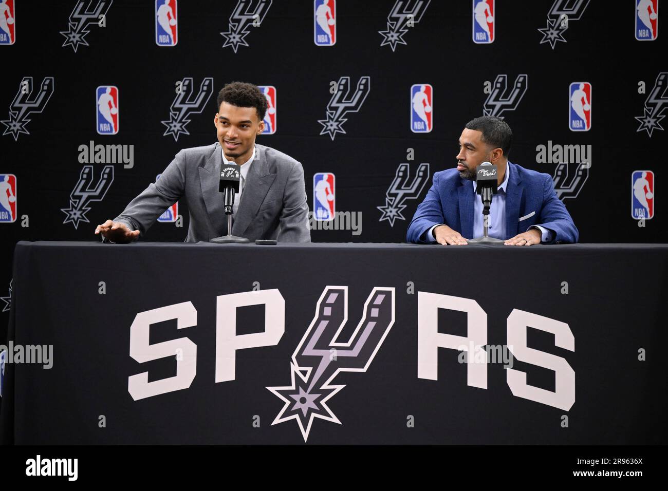 San Antonio Spurs' Victor Wembanyama, left, the No. 1 draft pick, and Spurs general manager ...