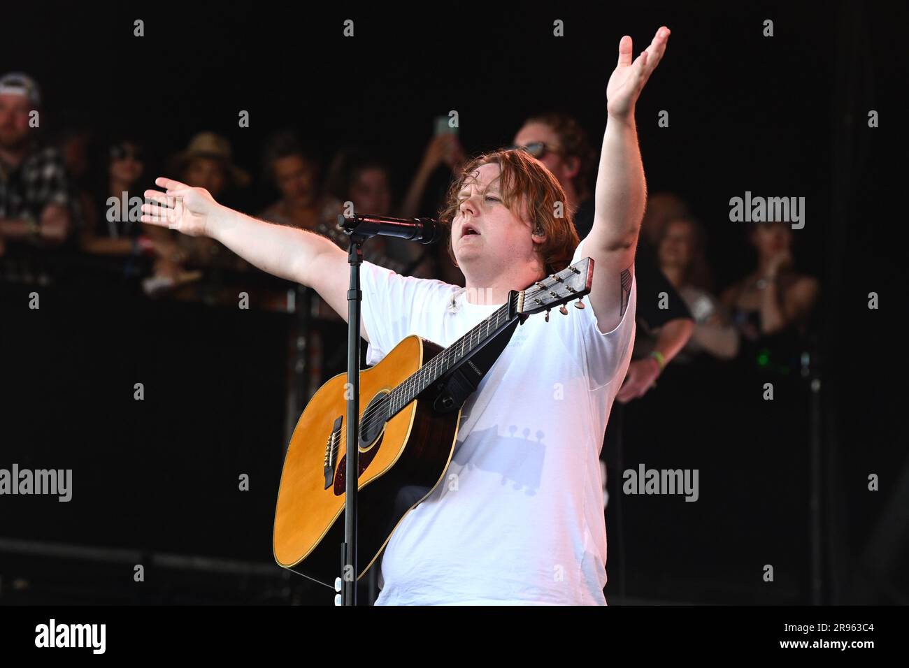 Somerset, UK. 24 June 2023. Lewis Capaldi performing on the Pyramid ...