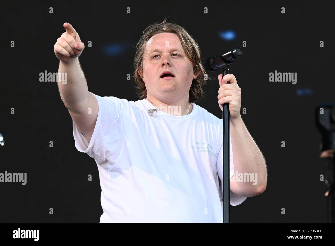 Somerset, UK. 24 June 2023. Lewis Capaldi performing on the Pyramid ...