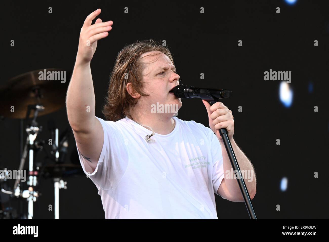 Somerset, UK. 24 June 2023. Lewis Capaldi performing on the Pyramid ...