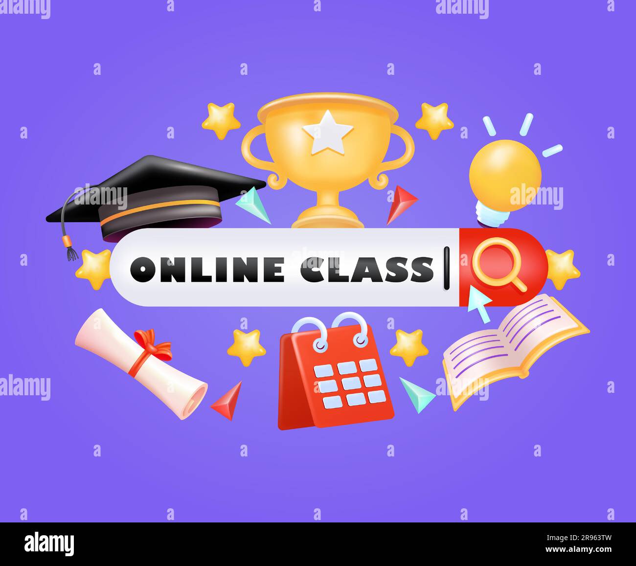 Online Class, with 3d vector elements of stamp, trophy, calendar ...