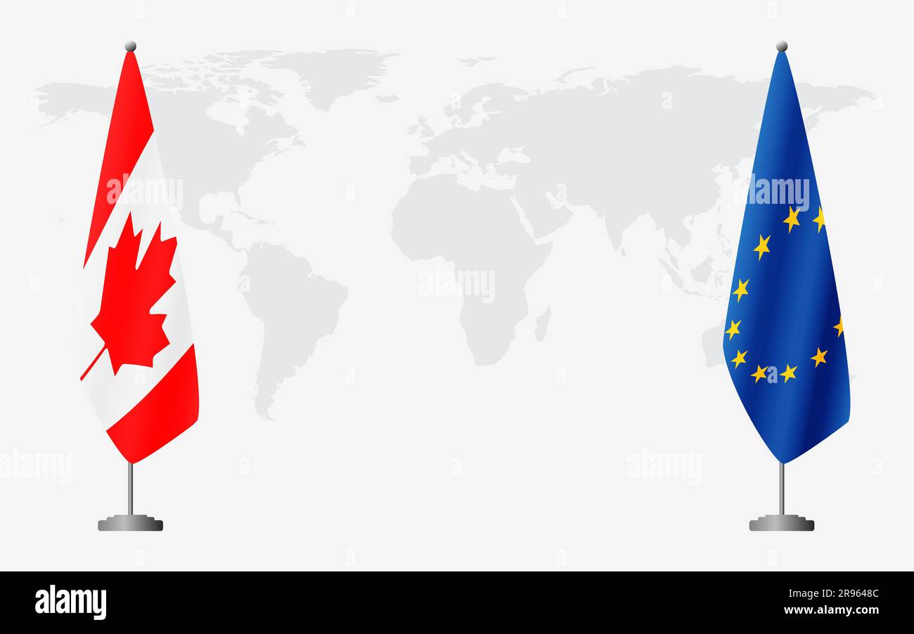 Canada and European Union flags for official meeting against background ...