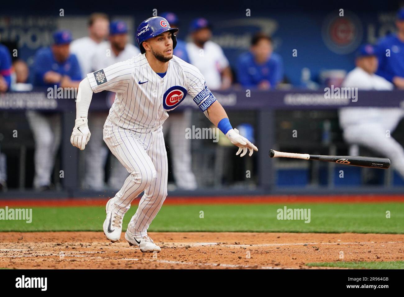 Chicago Cubs’ Nick Madrigal runs to first base during the MLB London ...