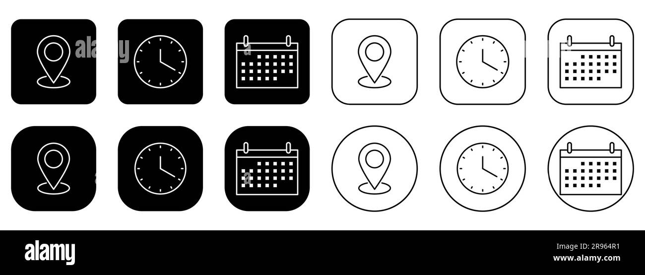 Location, time and date icons. Information business concept. Design can ...
