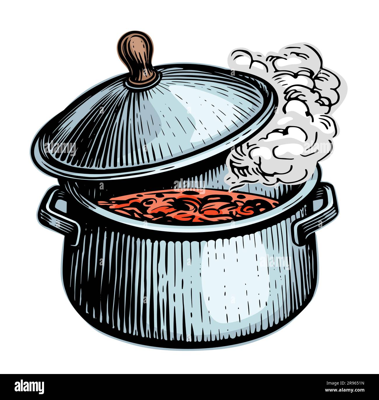 Soup pot is boiling. Cooking concept. Vector illustration for cafe or ...