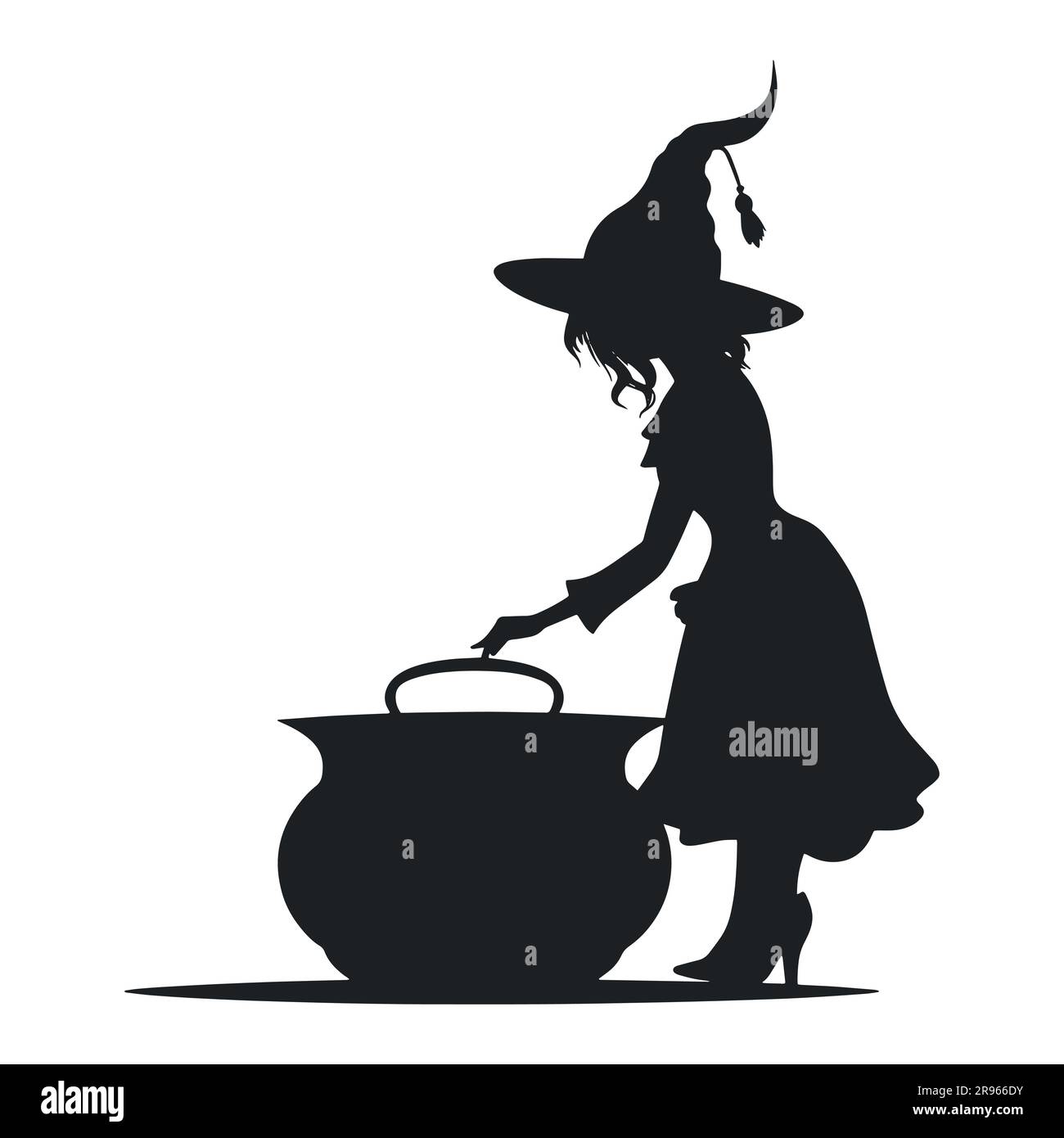 Silhouette of a young witch with a cauldron. Happy Halloween Stock ...
