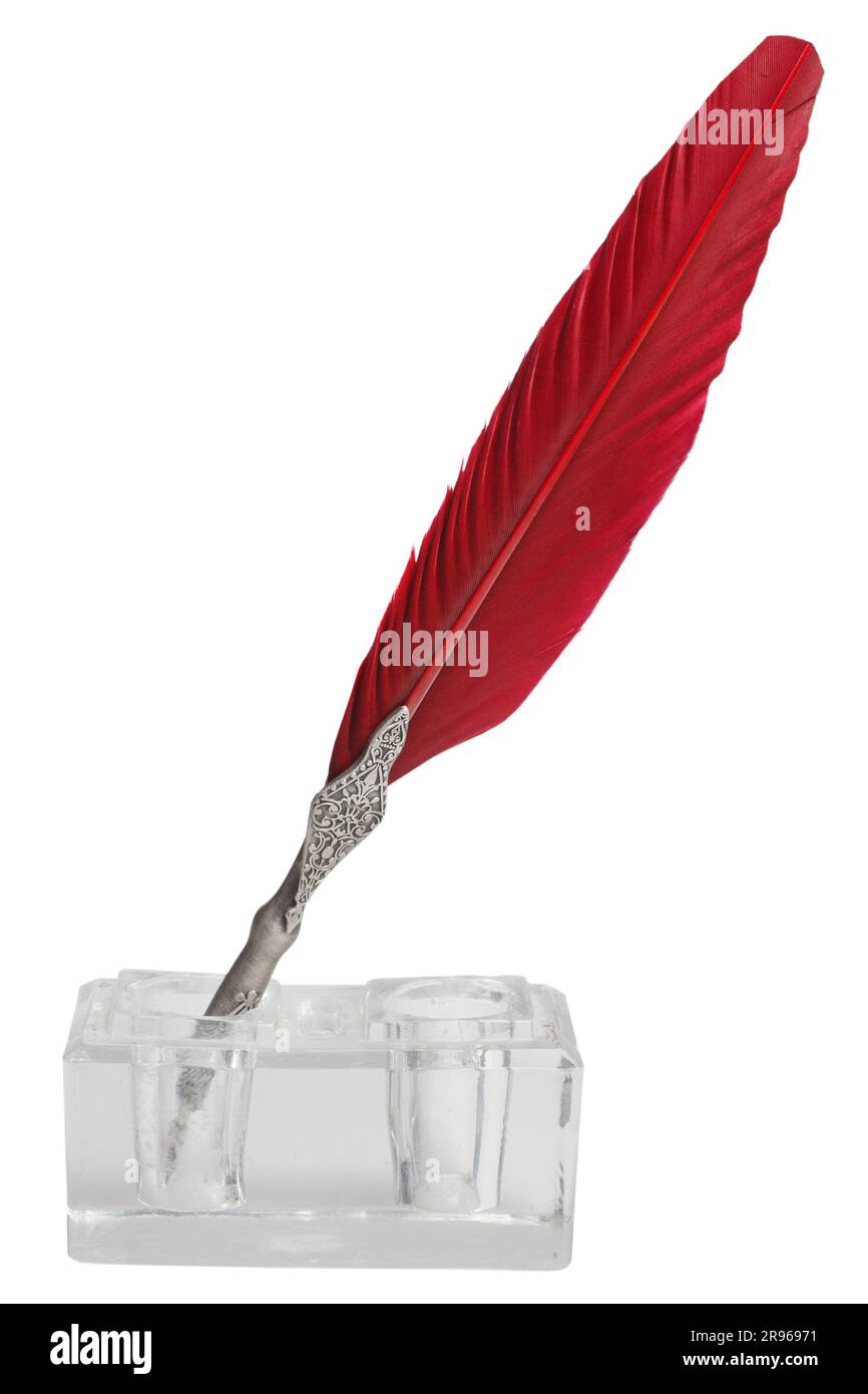 Old vintage red fountain pen with inkwell on white background Stock ...