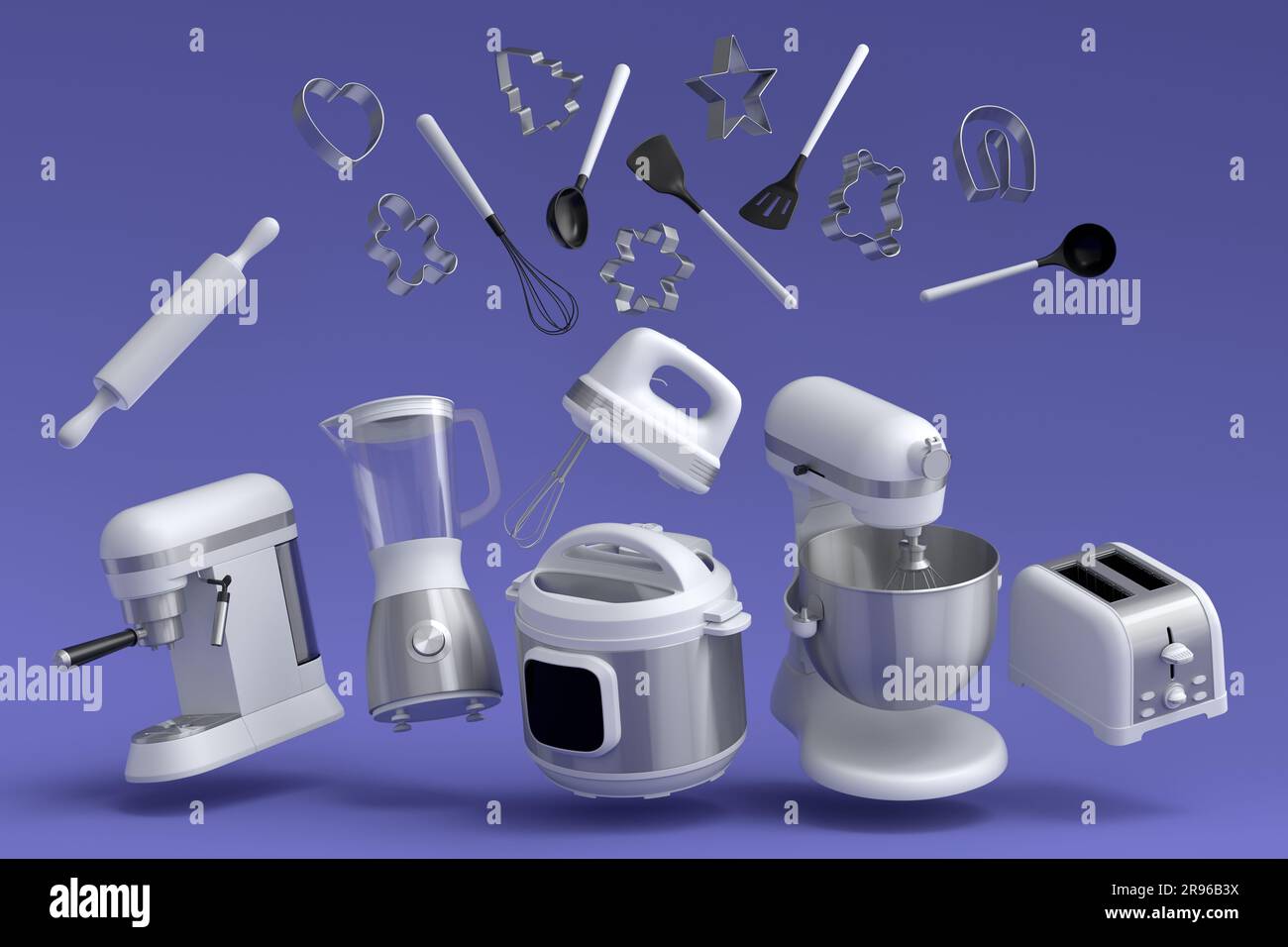 Electric kitchen appliances and utensils for making breakfast on violet ...