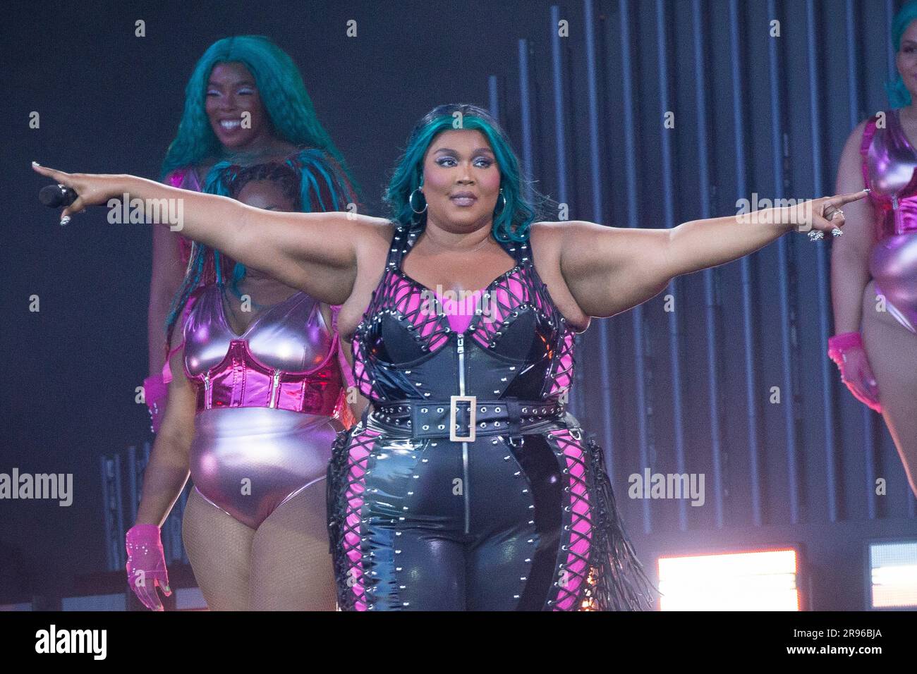 Lizzo performs during Glastonbury Festival in Worthy Farm, Somerset, England, Saturday, June 24 ...