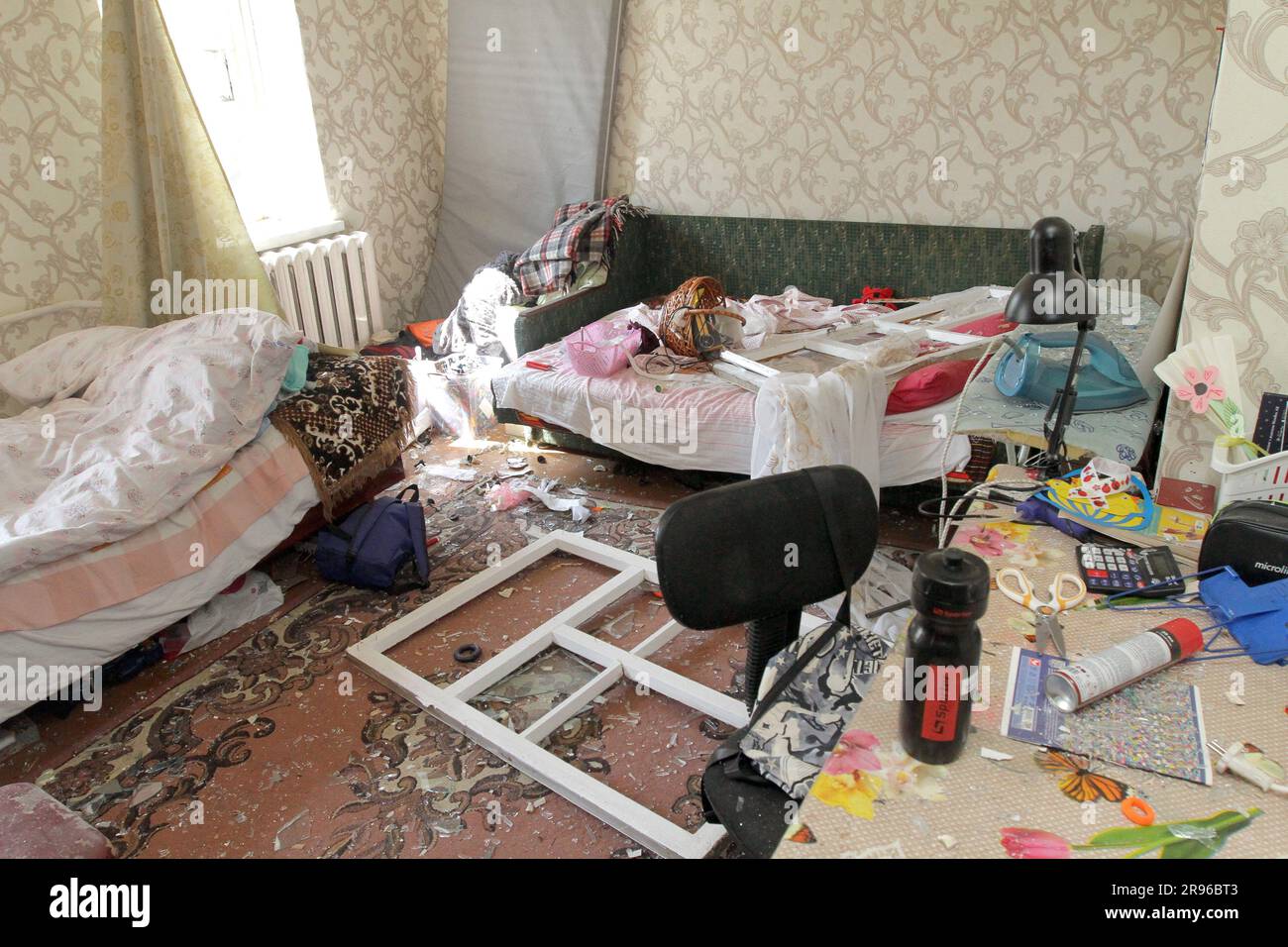 DNIPRO, UKRAINE - JUNE 24, 2023 - A room shows the damage done by the ...