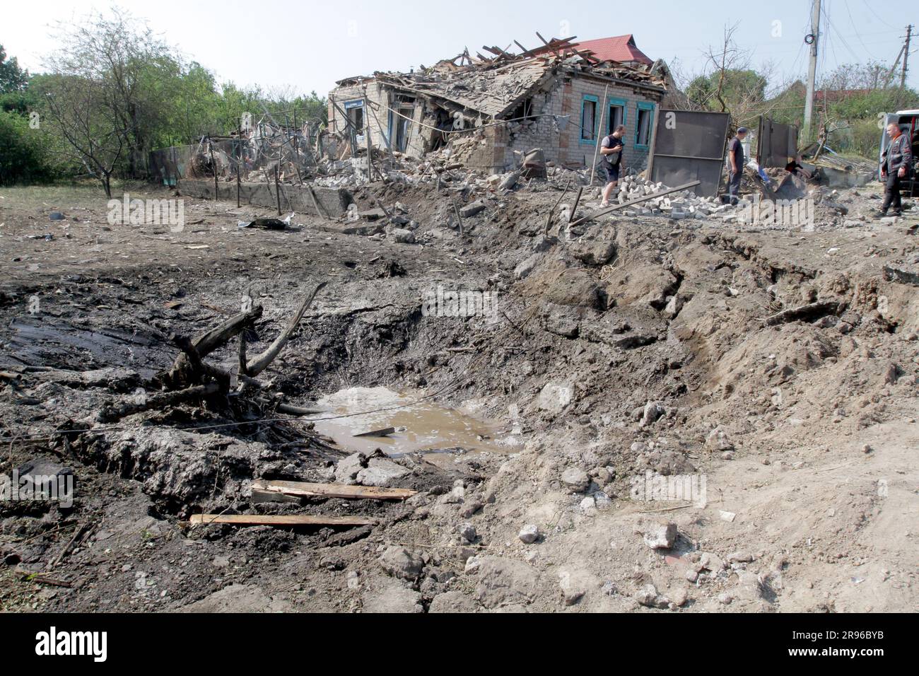 DNIPRO, UKRAINE - JUNE 24, 2023 - The crater created by a Russian ...