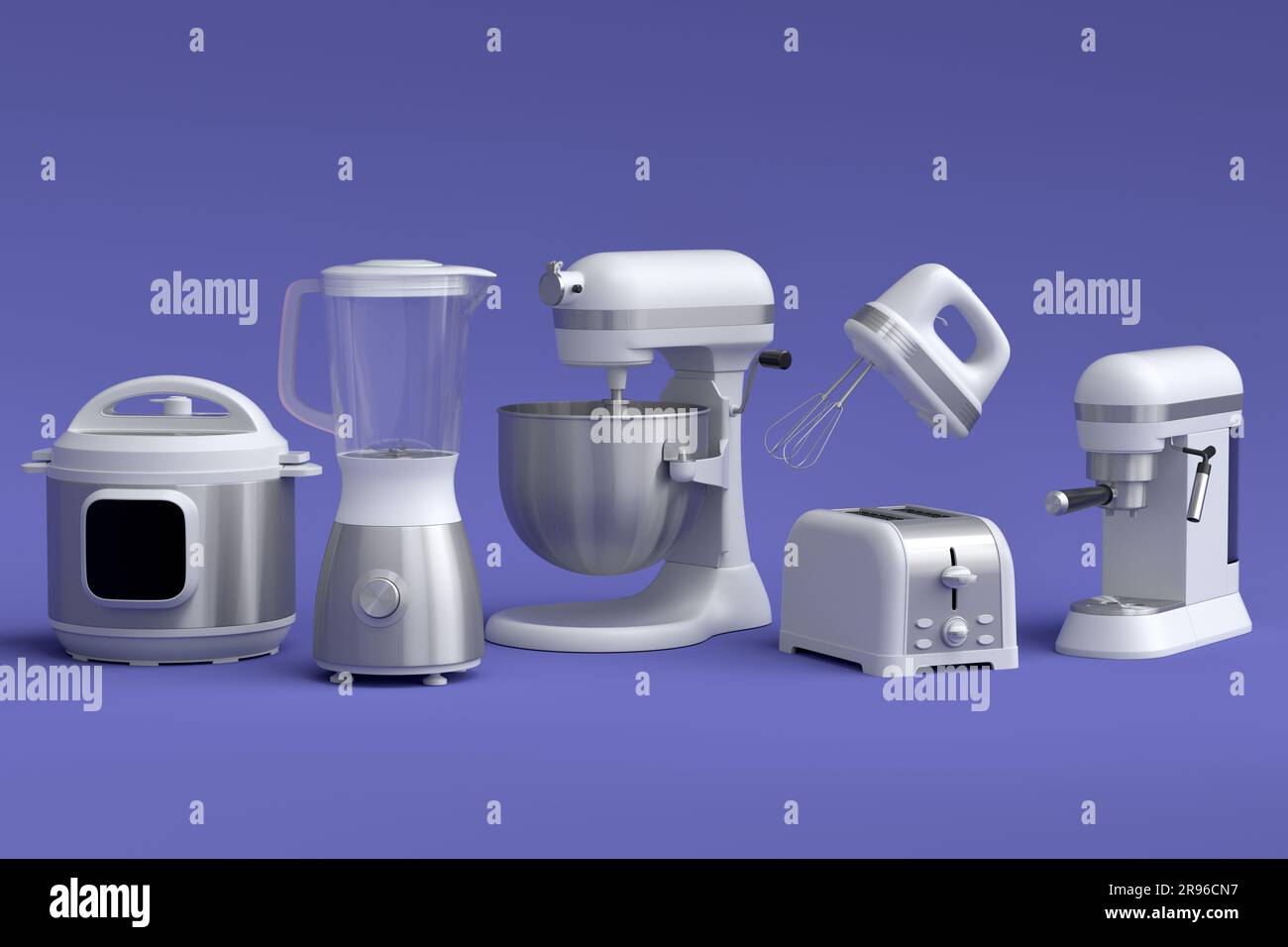 Electric kitchen appliances and utensils for making breakfast on violet ...
