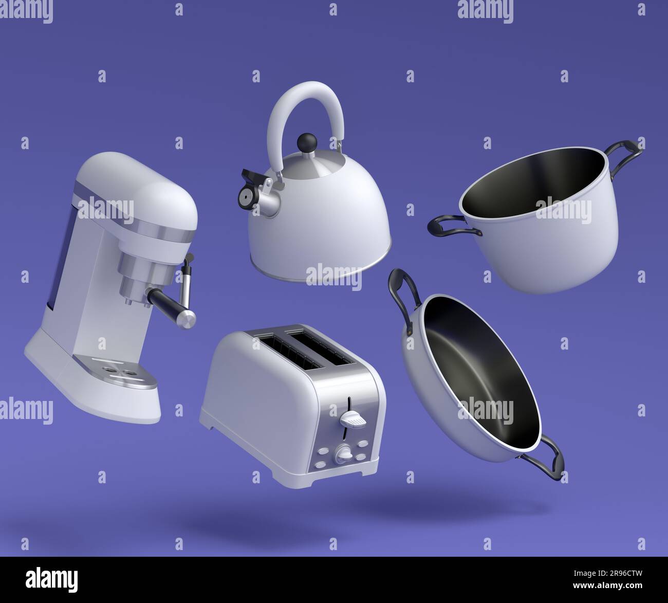 Electric kitchen appliances and utensils for making breakfast on violet ...