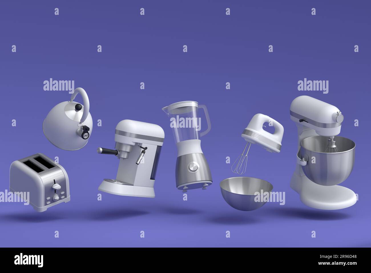 Electric kitchen appliances and utensils for making breakfast on violet ...