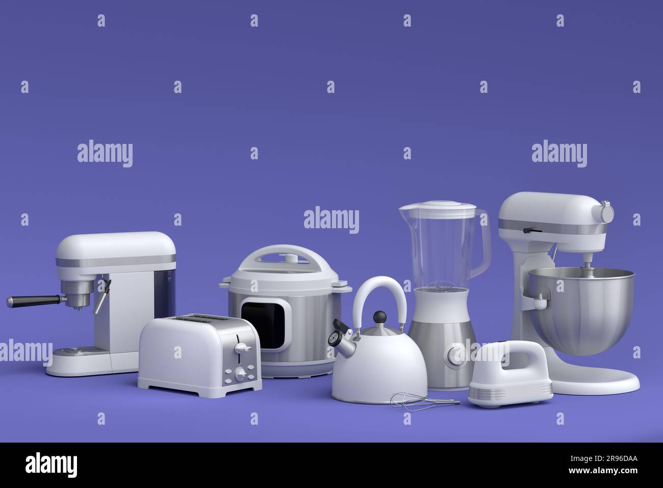 Electric kitchen appliances and utensils for making breakfast on violet ...