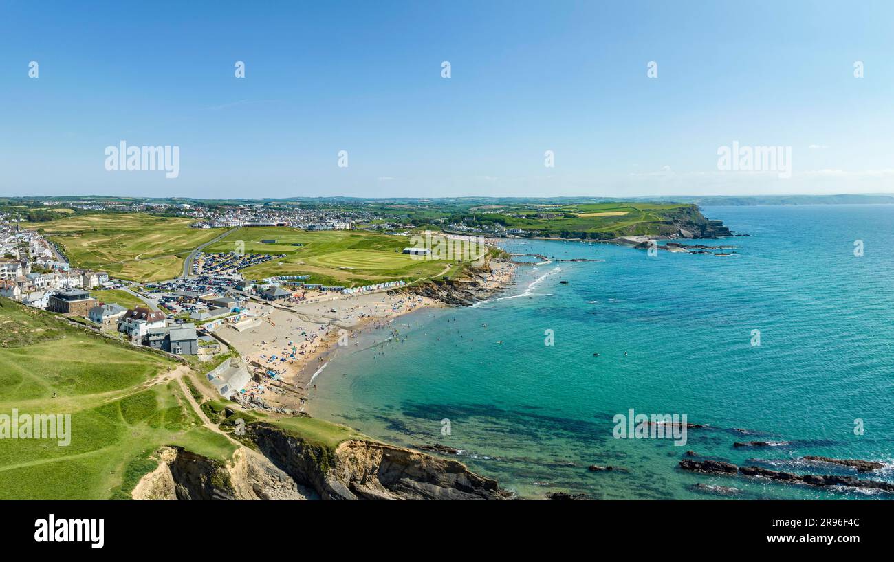 Aerial panorama of the coastline of Bude Bay with bathing beaches ...