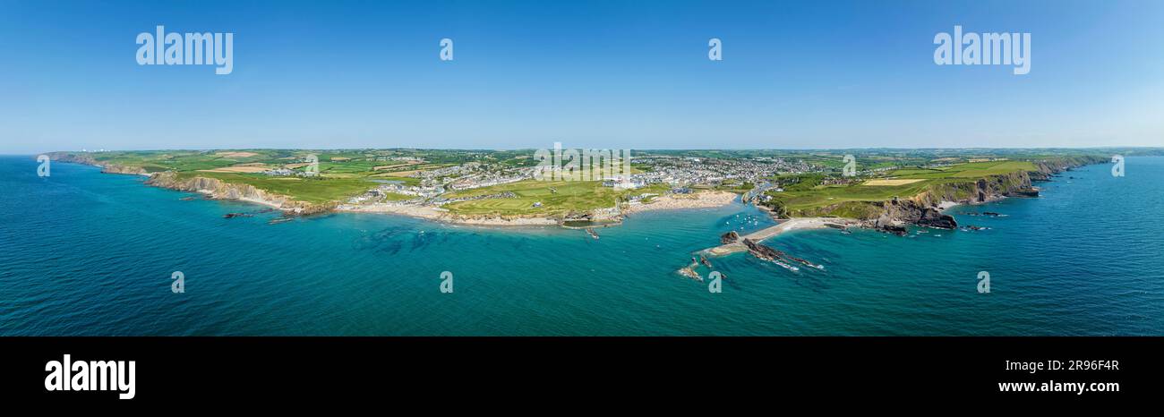 Aerial panorama of the coastline of Bude Bay, from left the beaches ...