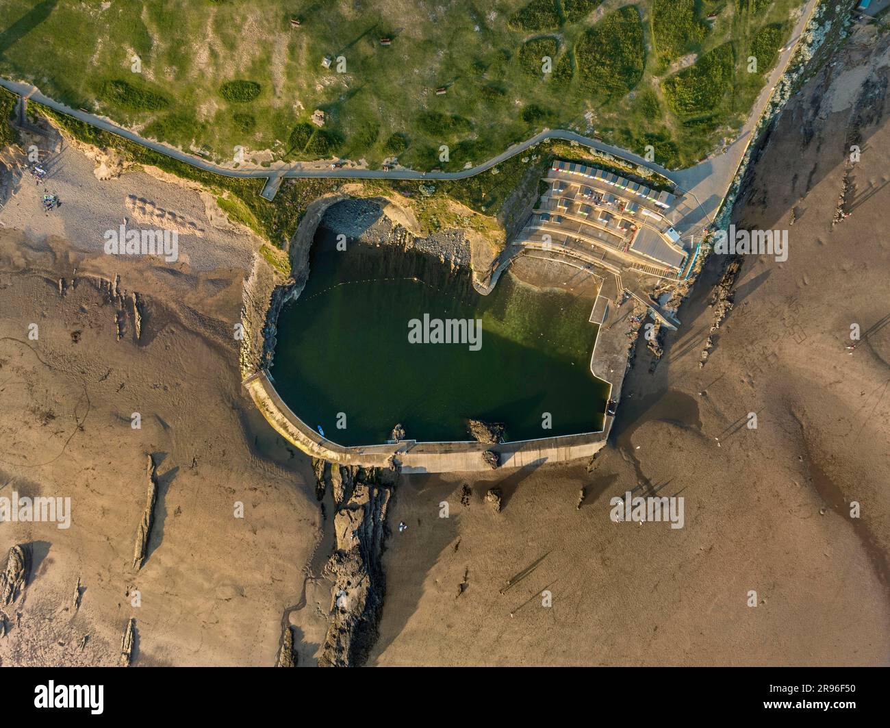 Aerial view, top view of Bude Seapool, a natural tidal pool in Bude Bay ...