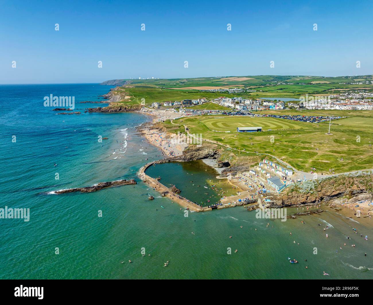 Aerial view of the coastline of Bude Bay with the Bude Sea Pool, and ...