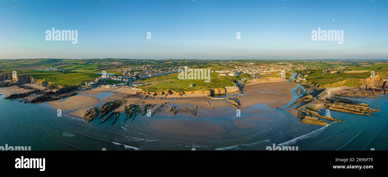 Aerial panorama of the coastline of Bude Bay at low tide, from left the ...