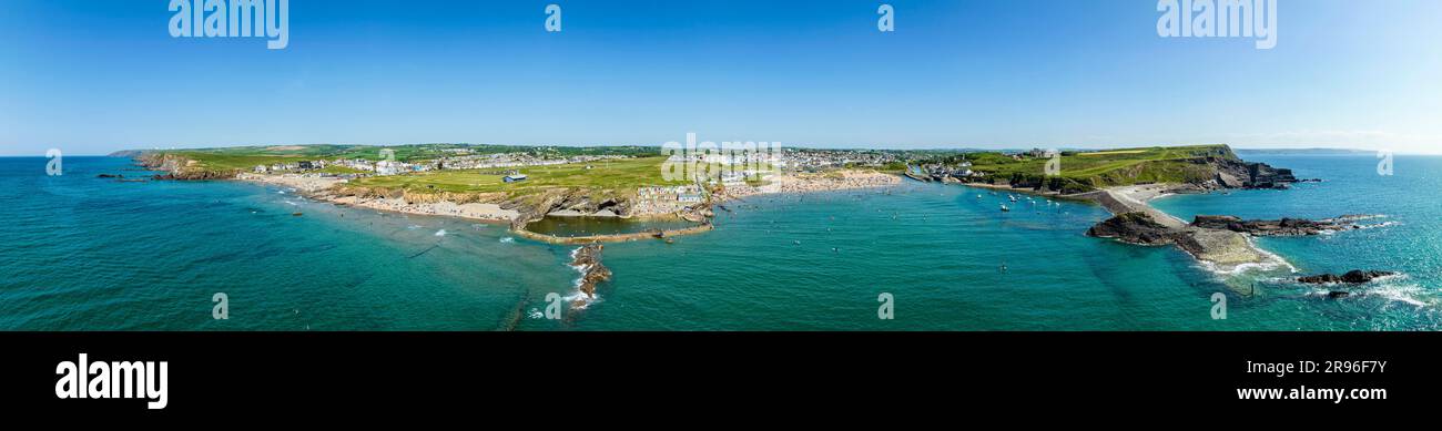 Aerial panorama of the coastline of Bude Bay, from left the beaches ...