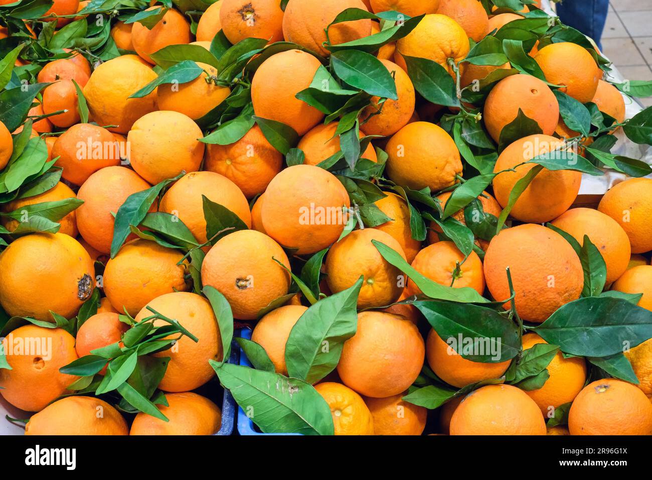 Stacks of oranges with leaves for sale at a market Stock Photo - Alamy