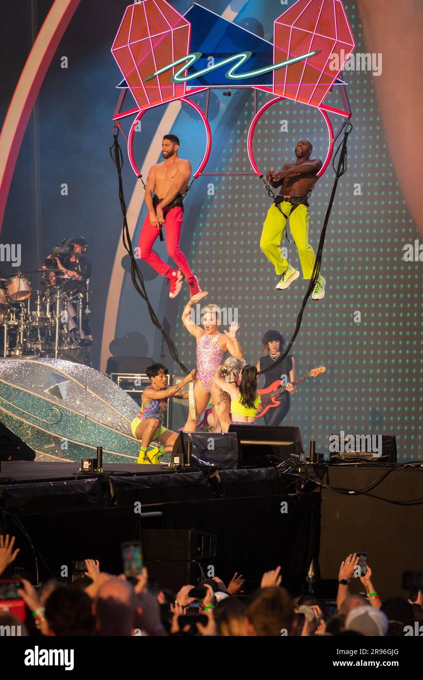 Pink performing on stage at BST Hyde Park in London. Picture date ...