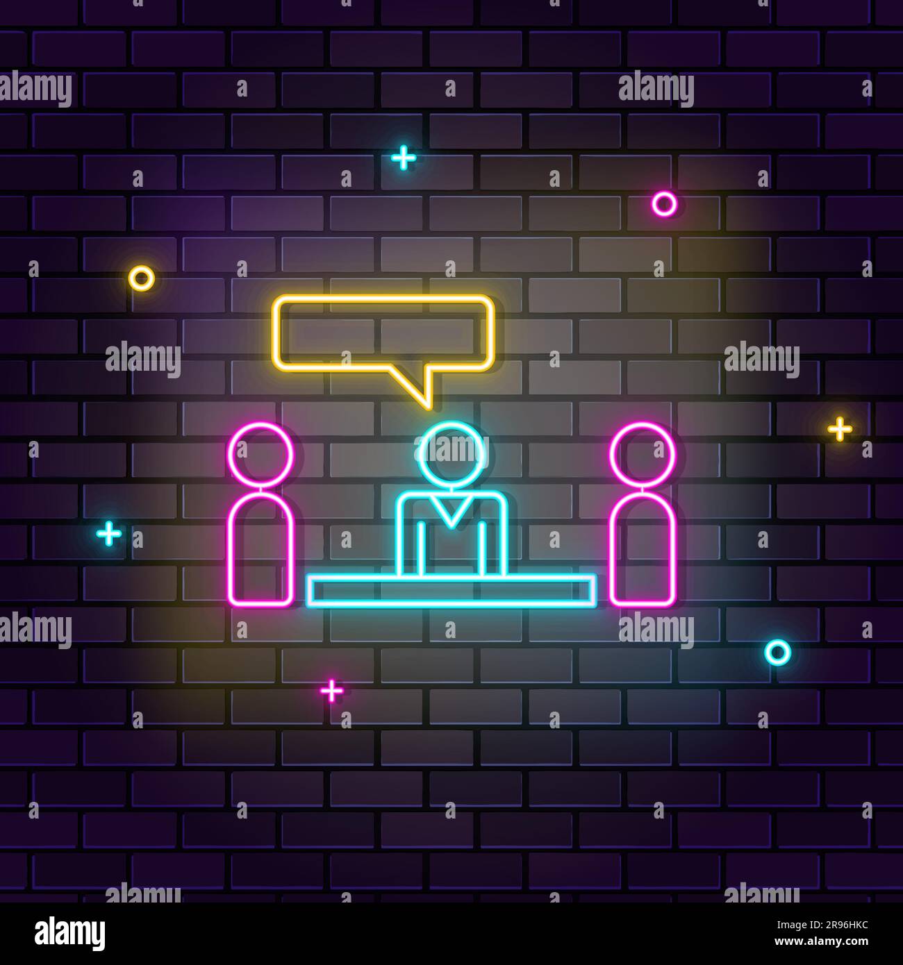 Business meeting, job interview, multicolor neon icon on dark brick ...