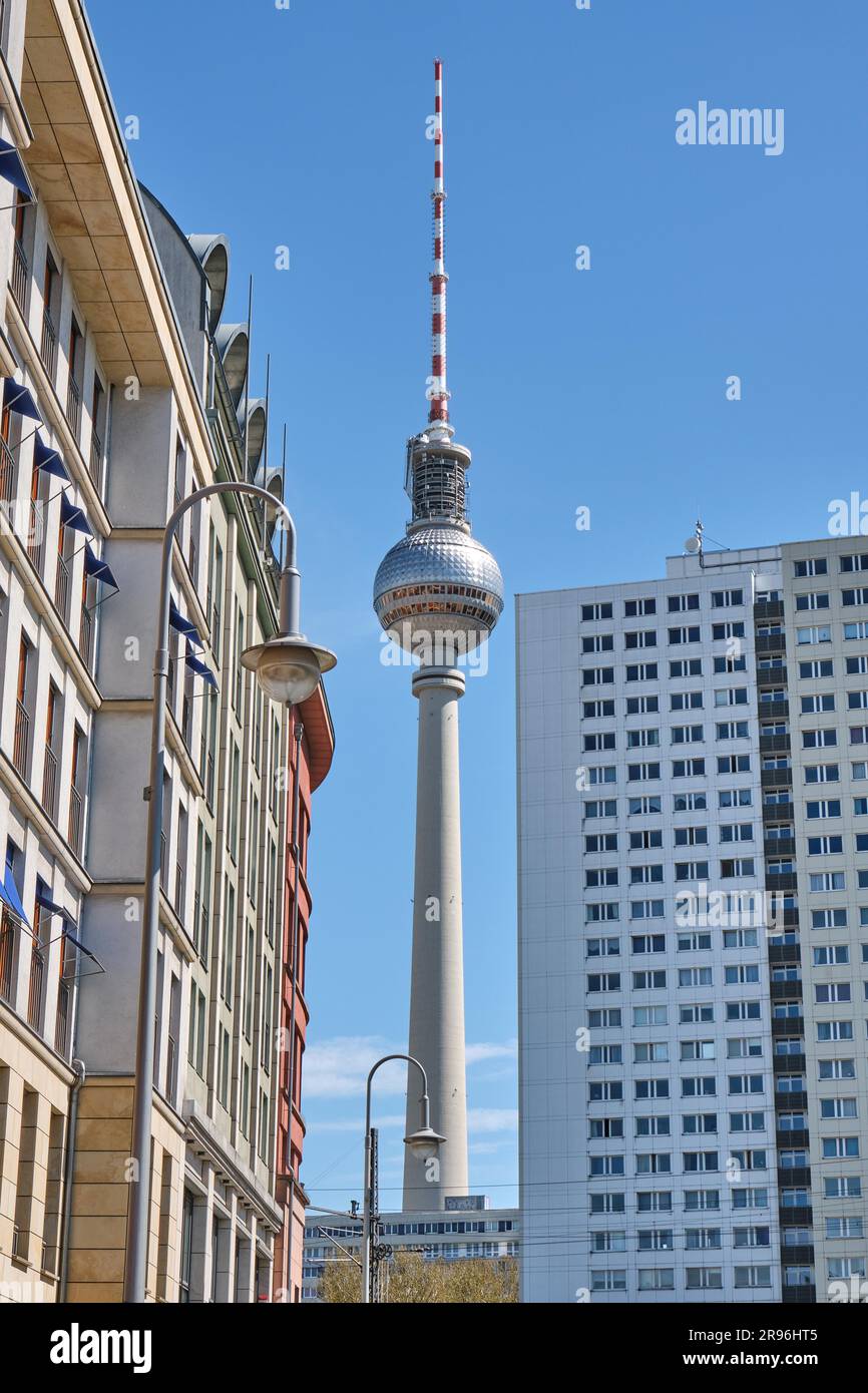 The Berlin TV Tower and some apartment buildings, one of them a typical ...