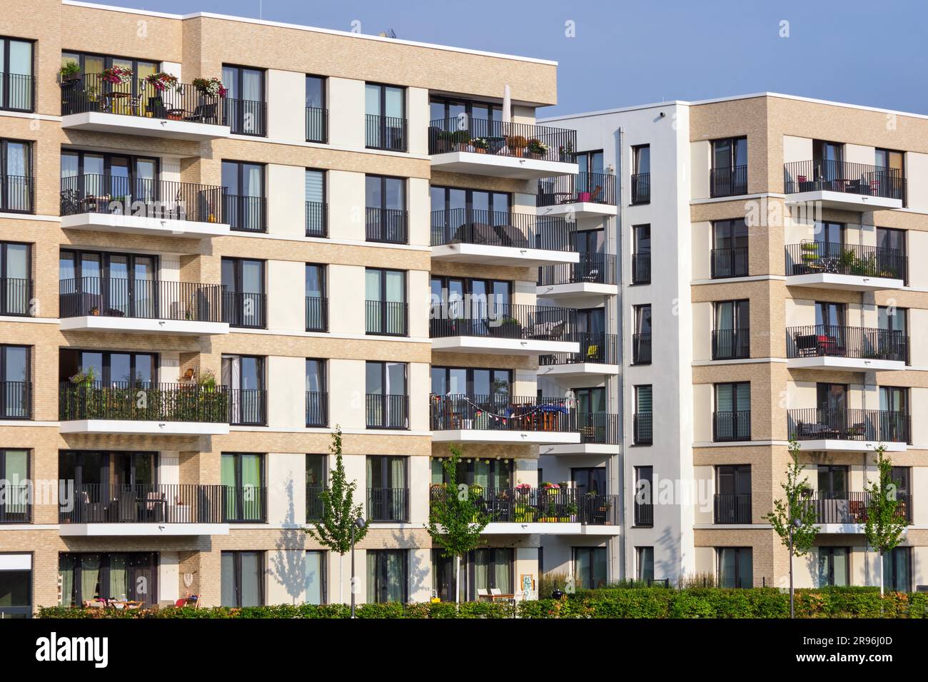 Modern apartment buildings in a new residential district in Berlin ...